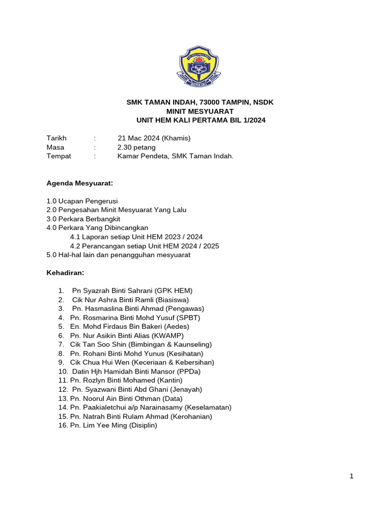 Minit Mesyuarat Unit-Unit Hem Kali Pertama 2024 | PDF