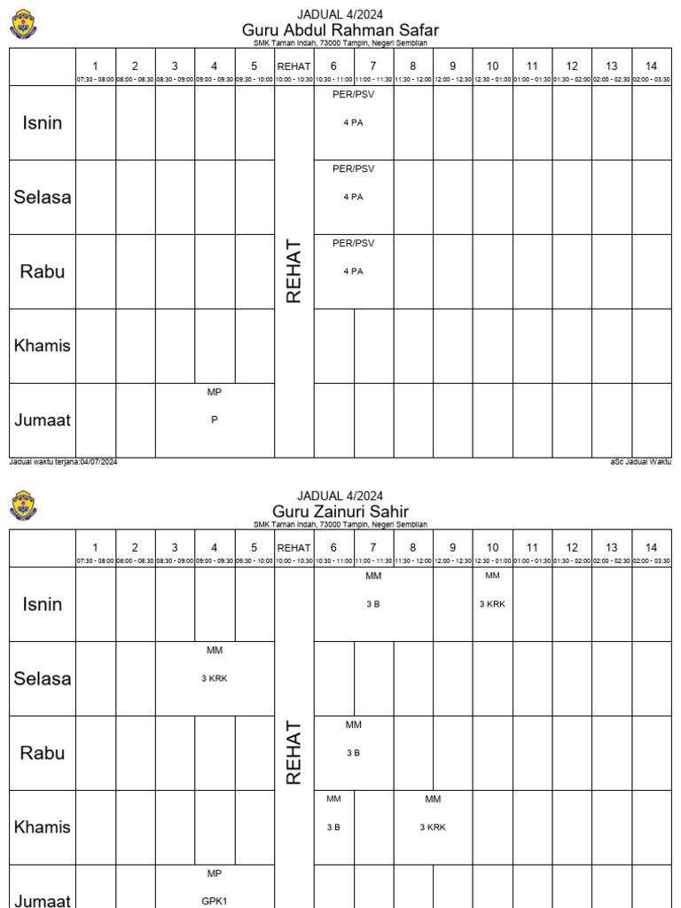 Jadual 4 Guru 2024 2025 | PDF