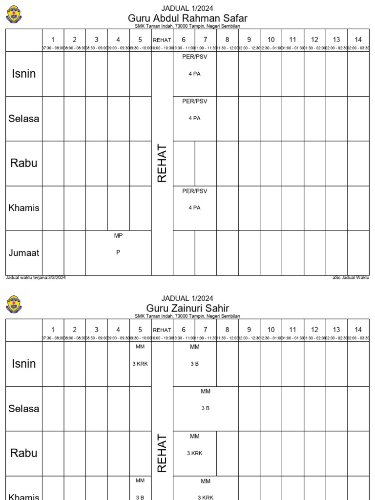 Jadual 1 Guru 2024 2025 | PDF
