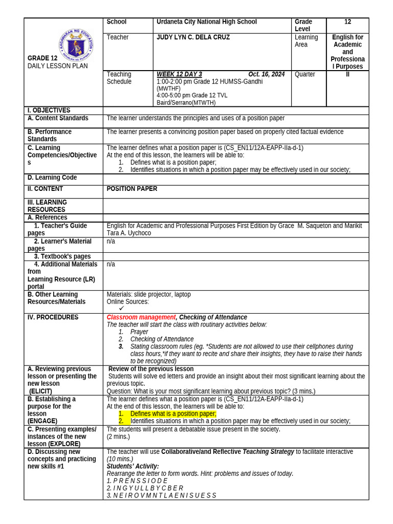 EAPP DLP WEEK 12 Day 3 Oct. 16 | PDF | Learning | Argument