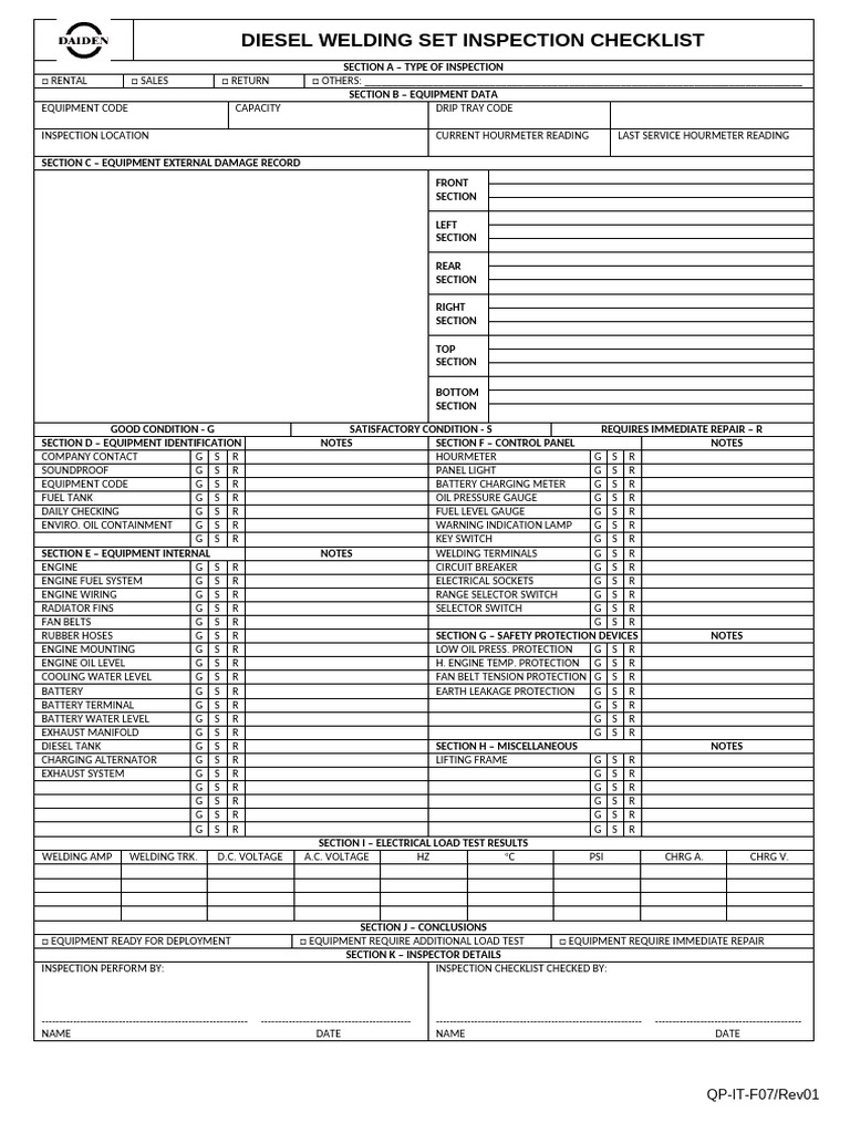 Diesel Welding Set Inspection Checklist | PDF | Switch | Electric Power