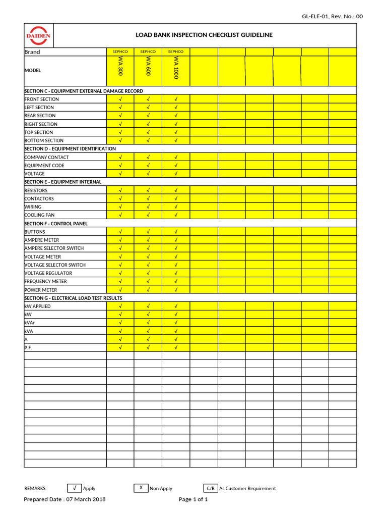Kiv GL-ELE-01 - Load Bank Inspection Checklist Guideline 20180307 | PDF ...