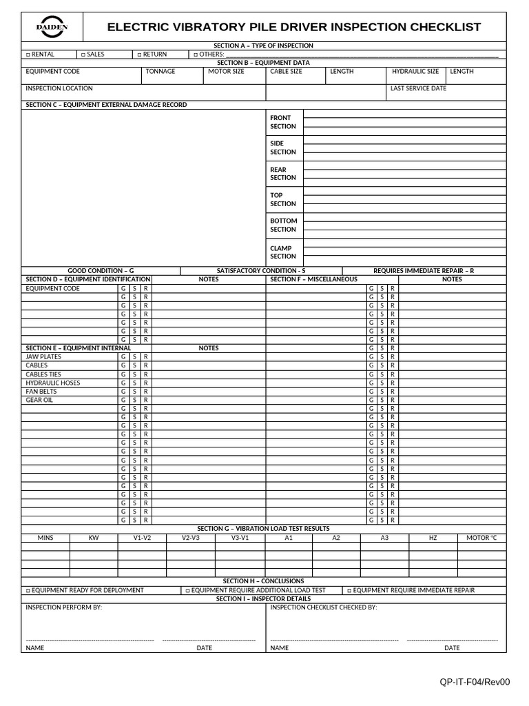 QP-IT-F04 Electric Vibratory Pile Driver Inspection Checklist | PDF ...