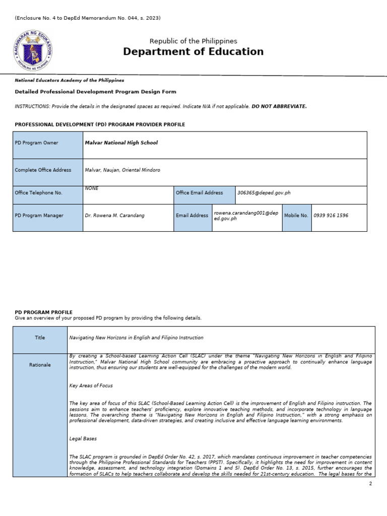 Enclosure-No.-4-Detailed-PD-Program-Design-and-M - E-Plan-Form - Language Dept. | PDF ...
