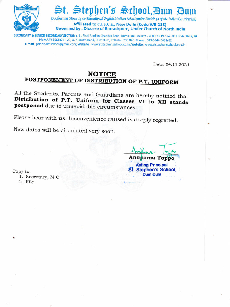 Notice - P.T. Uniform Distribution Postponed - 20241104 - 0001 | PDF