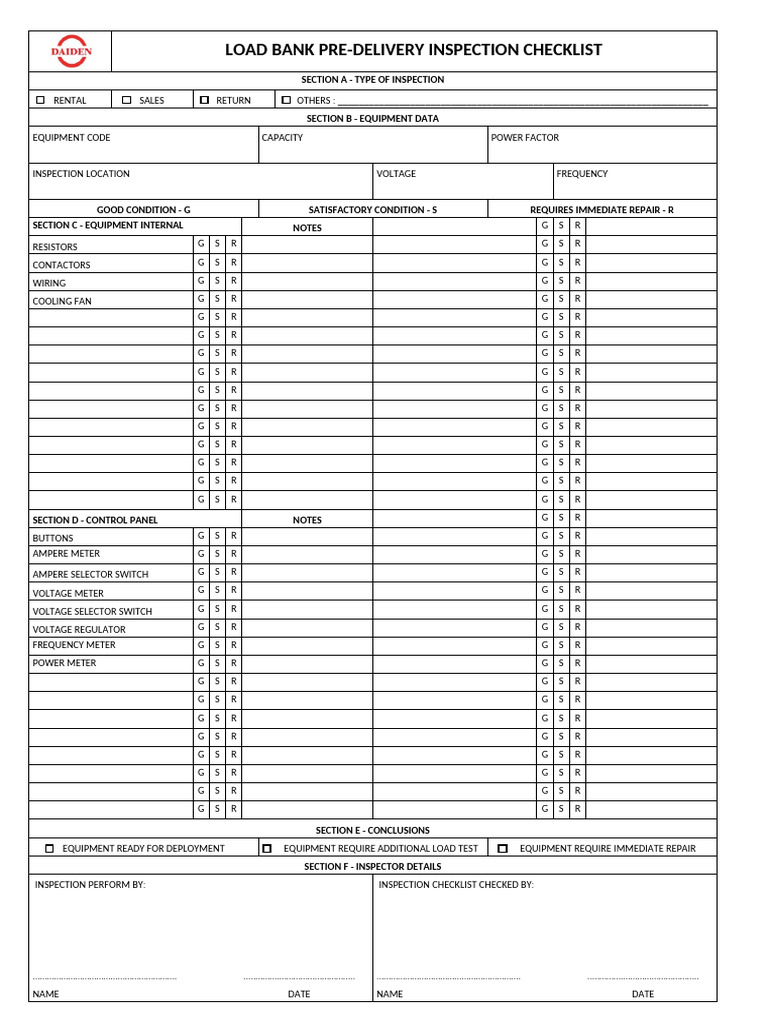 QP-IT-F21 Load Bank Pre-Delivery Inspection Checklist | PDF ...