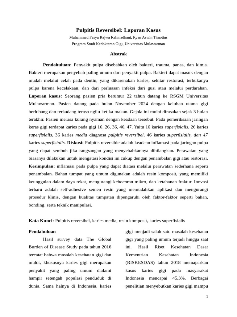 Pulpitis Reversibel: Kasus dan Penanganan | PDF