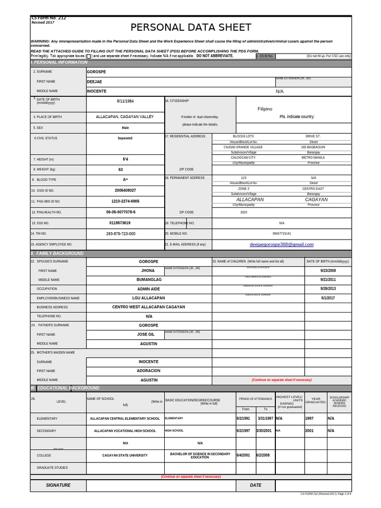 Share CS Form No. 212 Personal Data Sheet Revised | PDF