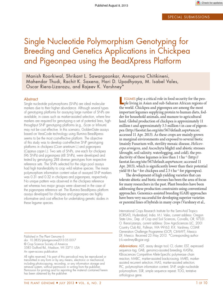 The Plant Genome - 2013 - Roorkiwal - Single Nucleotide Polymorphism Genotyping For Breeding and ...