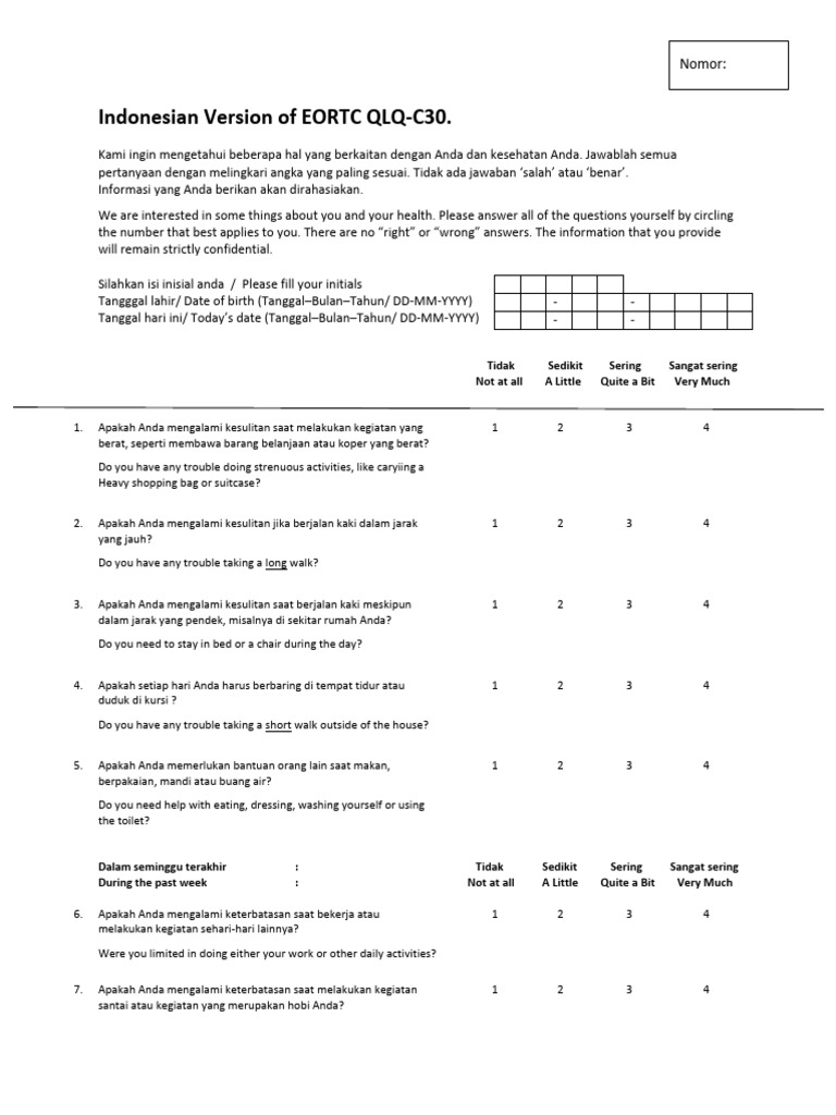 Questionnaire EORTC QLQ-C30 (Indo-English) | PDF | Causes Of Death | Diseases And Disorders