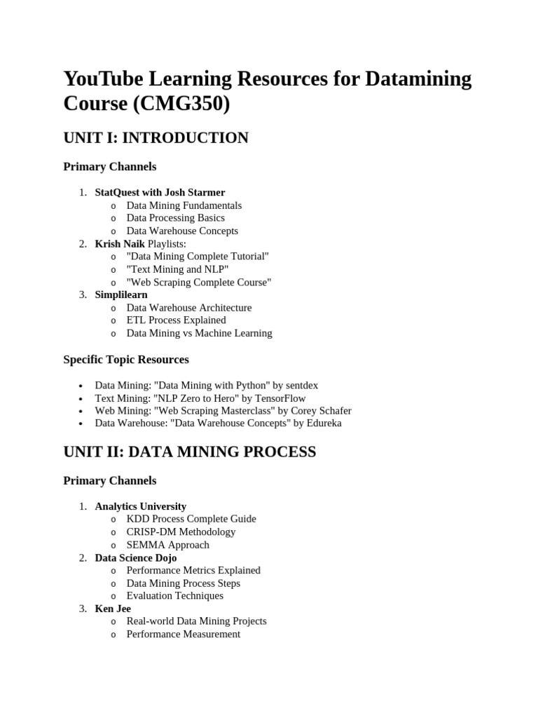 YouTube Learning Resources For Datamining Course | PDF | Data Mining | Machine Learning