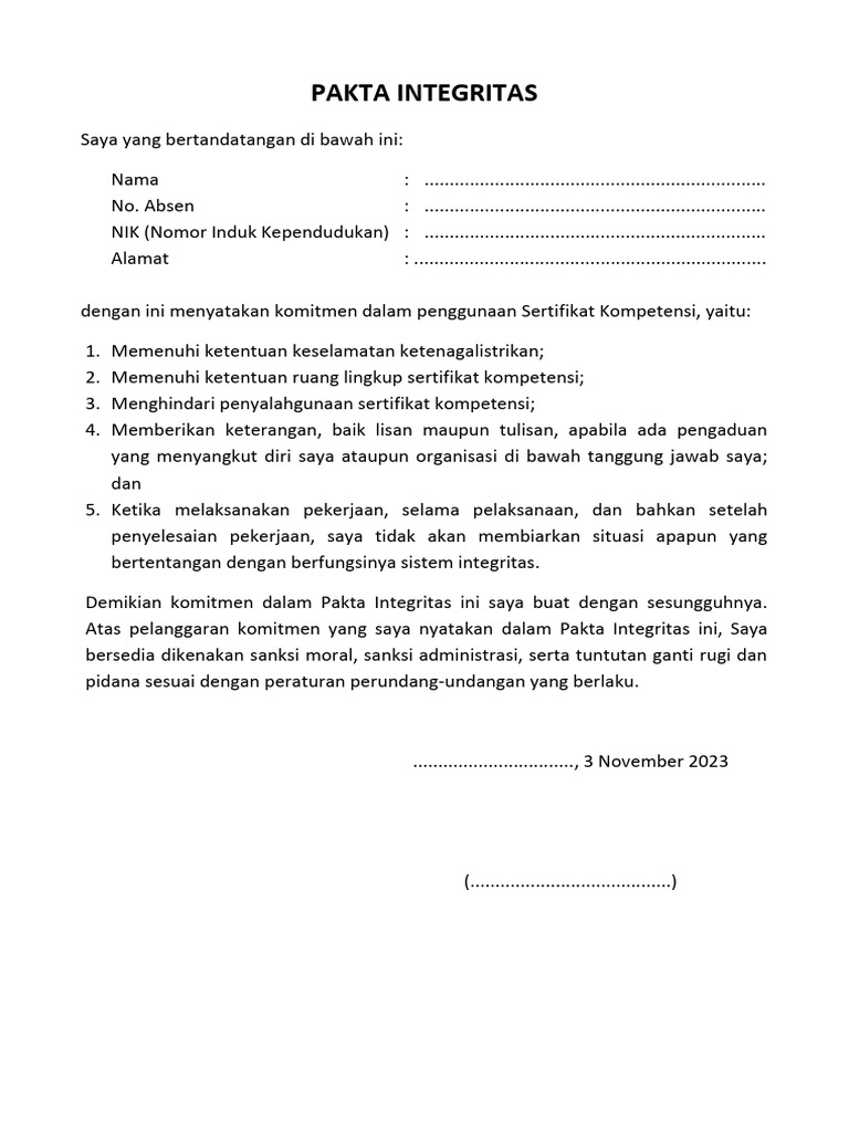 SK-A6!04!14. Form Pakta Integritas (PI) | PDF