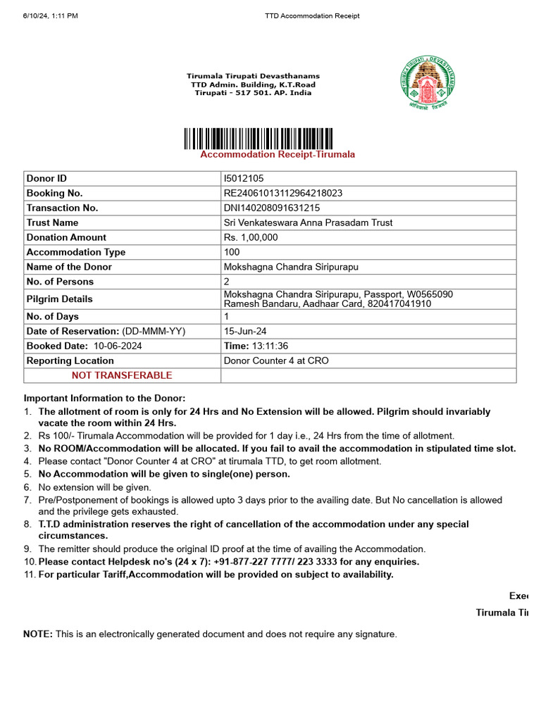 TTD Accommodation Receipt | PDF | Vaishnavism