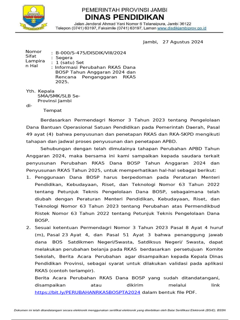 Surat Informasi Perubahan RKAS Dana BOSP Tahun Anggaran 2024 Dan Rencana Penganggaran RKAS 2025 ...
