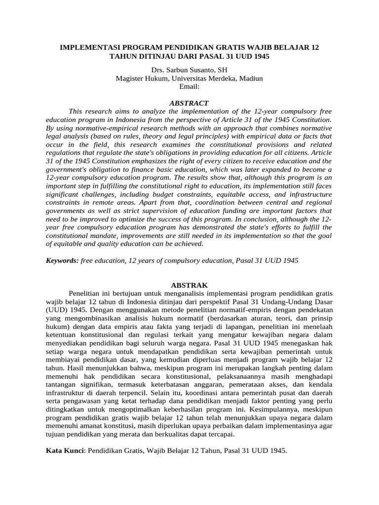 Implementasi Program Pendidikan Gratis Wajib Belajar 12 Tahun Ditinjau ...
