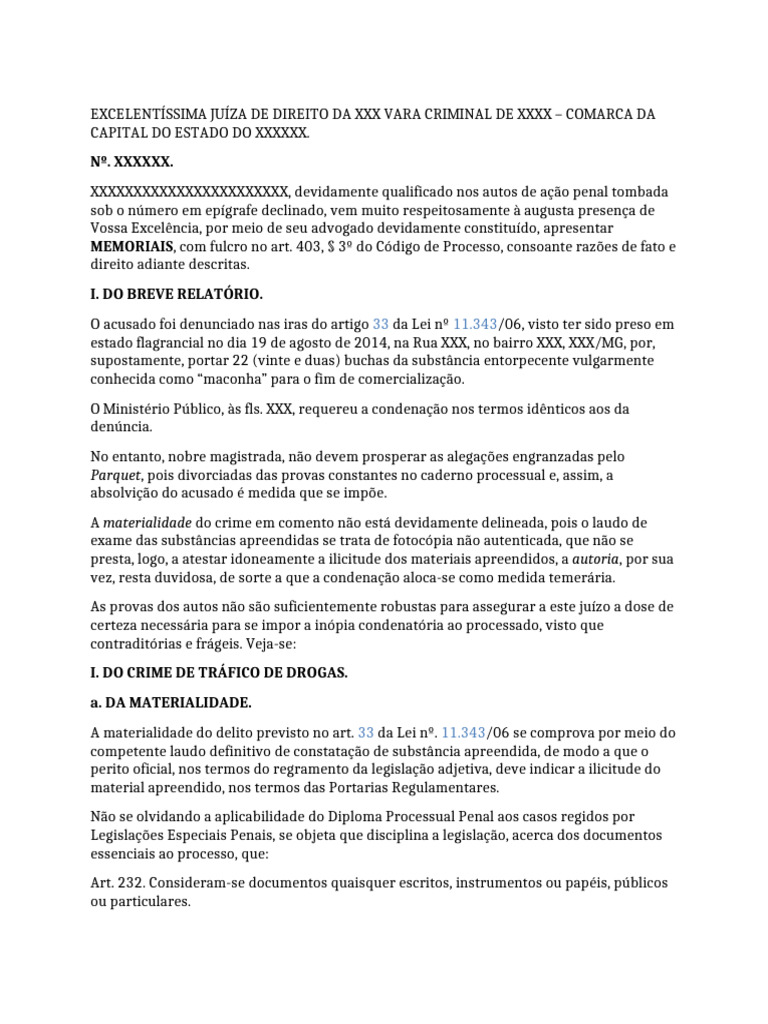 Modelo Memoriais Defensivos Pela Lei de Toxicos | PDF | Réu | Prova ...