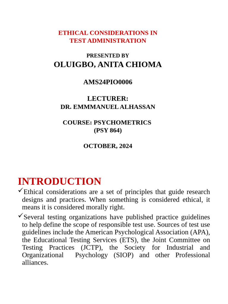 Ethical Considerations in Test Administration | PDF | Psychology ...
