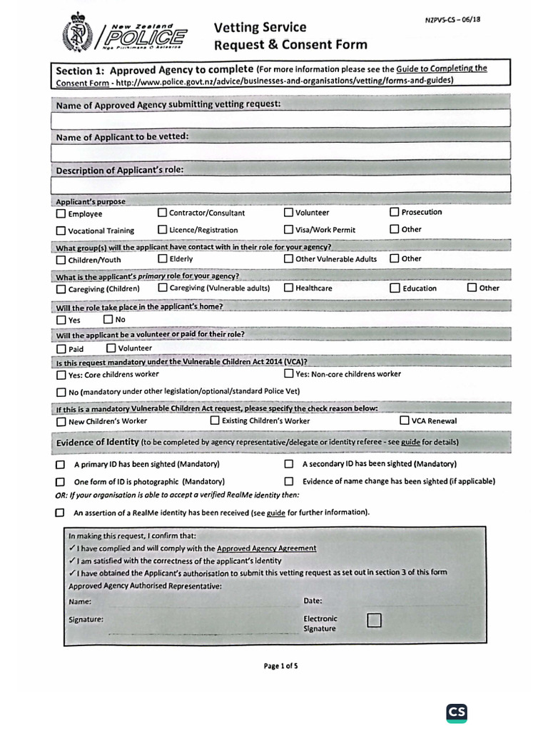 Police Vetting Form NZ & Australia | PDF