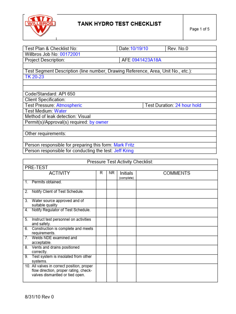 A1W1H1 - Attachment 4 - Steelman Tank 20-23 Hydro Test Check List | PDF ...