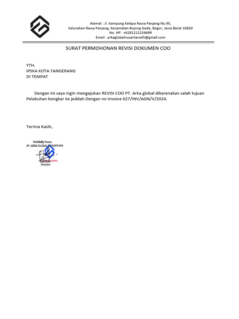 Surat Permohonan Revisi Pt. Arka Global | PDF