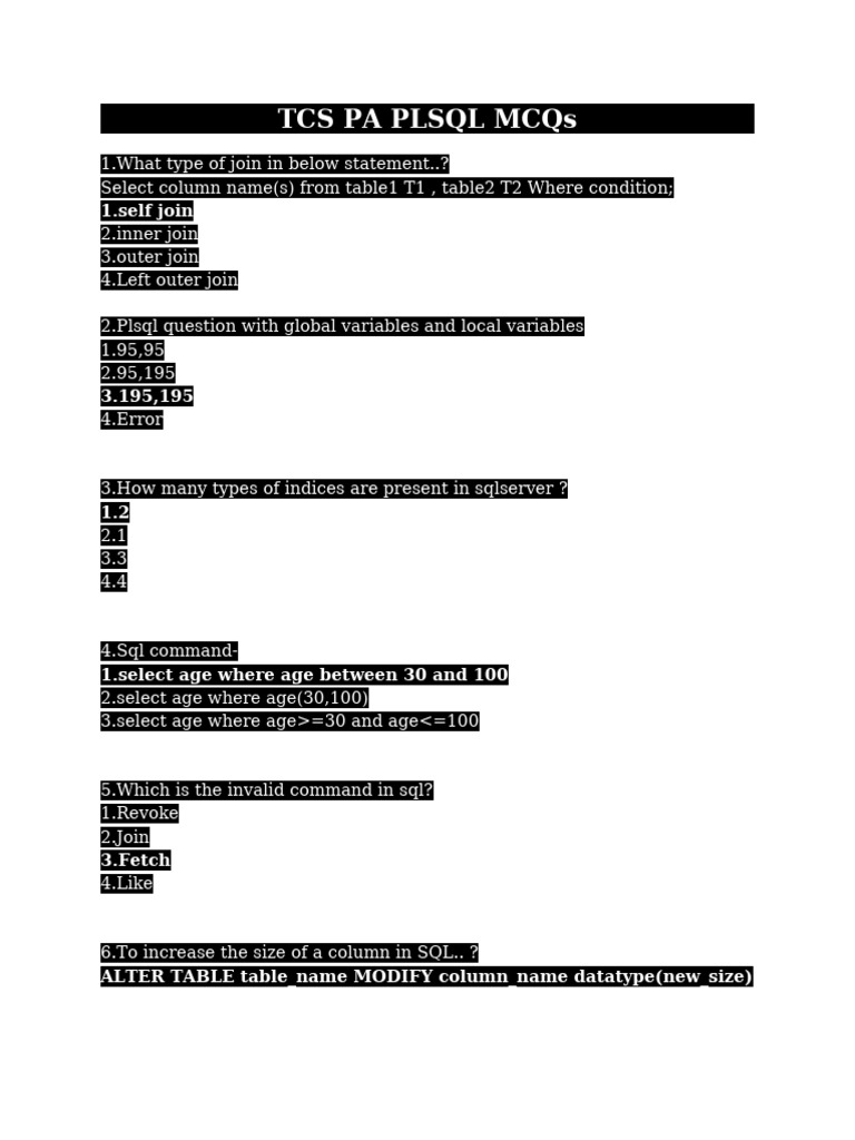 TCS PA PLSQL MCQs | PDF