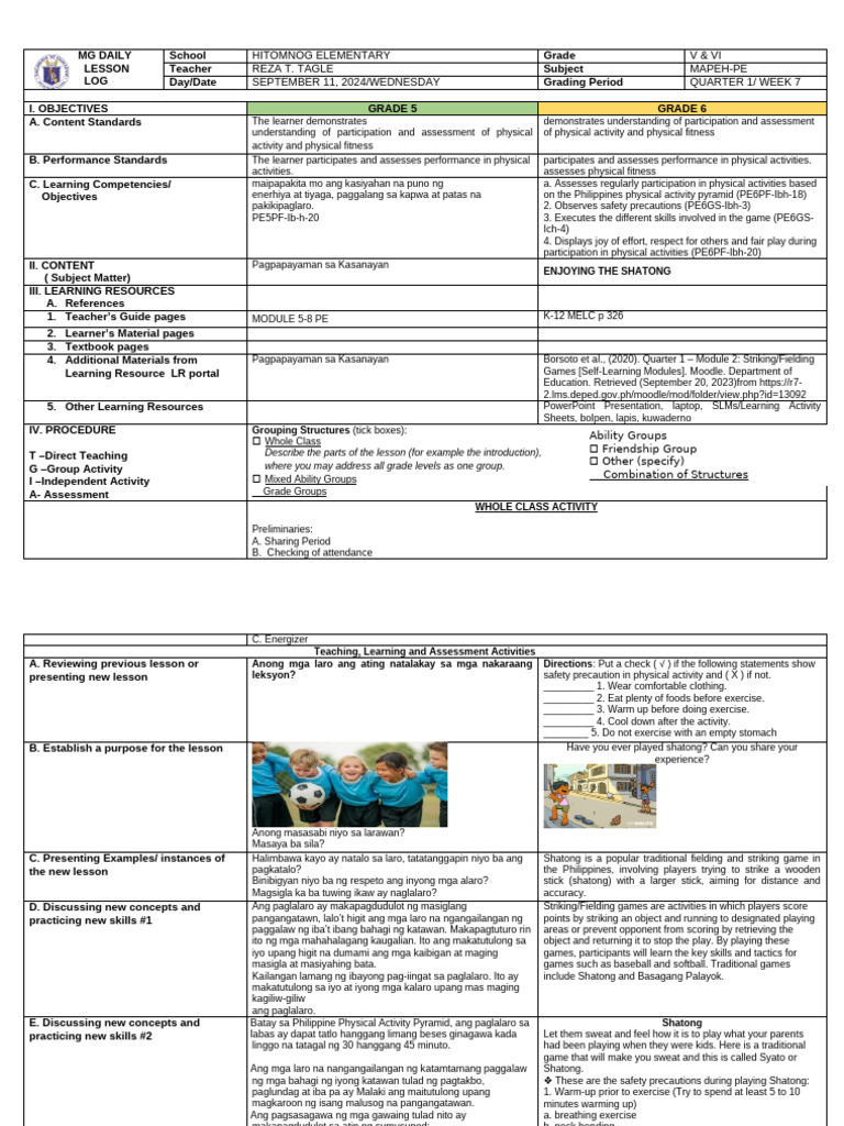 DLL Q1 W6 Day3 Mapeh Pe | PDF | Learning