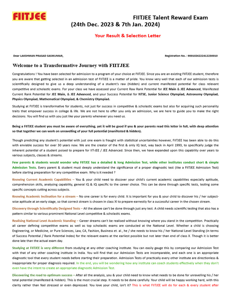 FIITJEE Talent Reward Exam - 2023 Result | PDF | University And College Admission