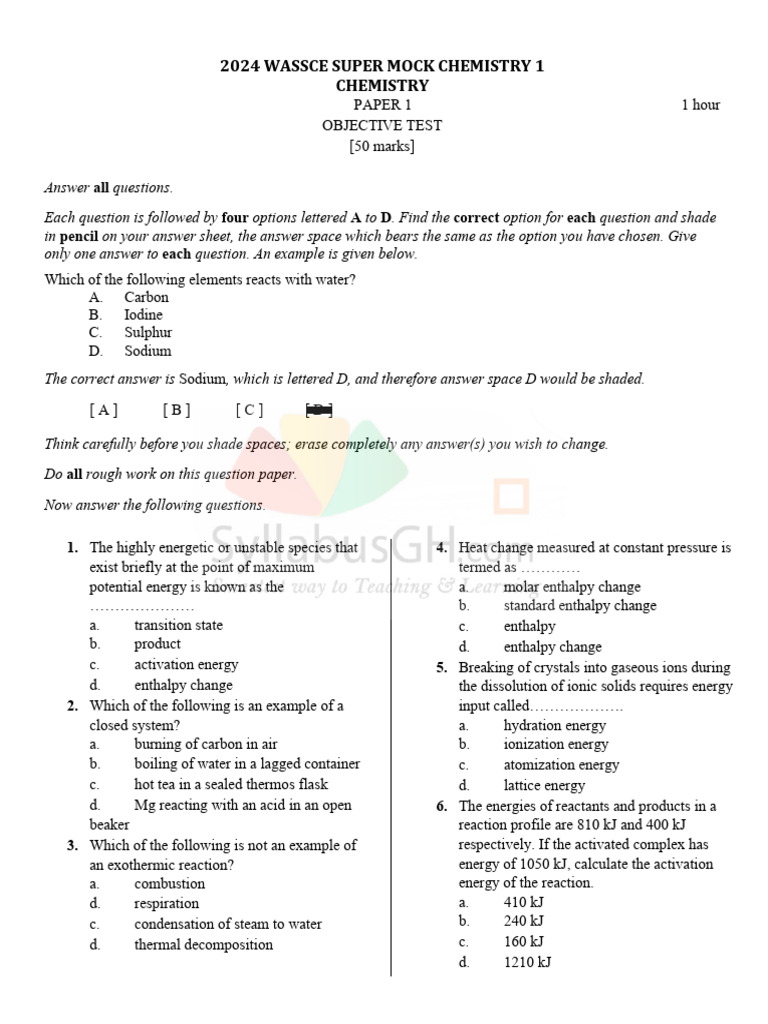 2024 WASSCE Super Mock Chemistry 1 | PDF | Chemical Reactions | Water