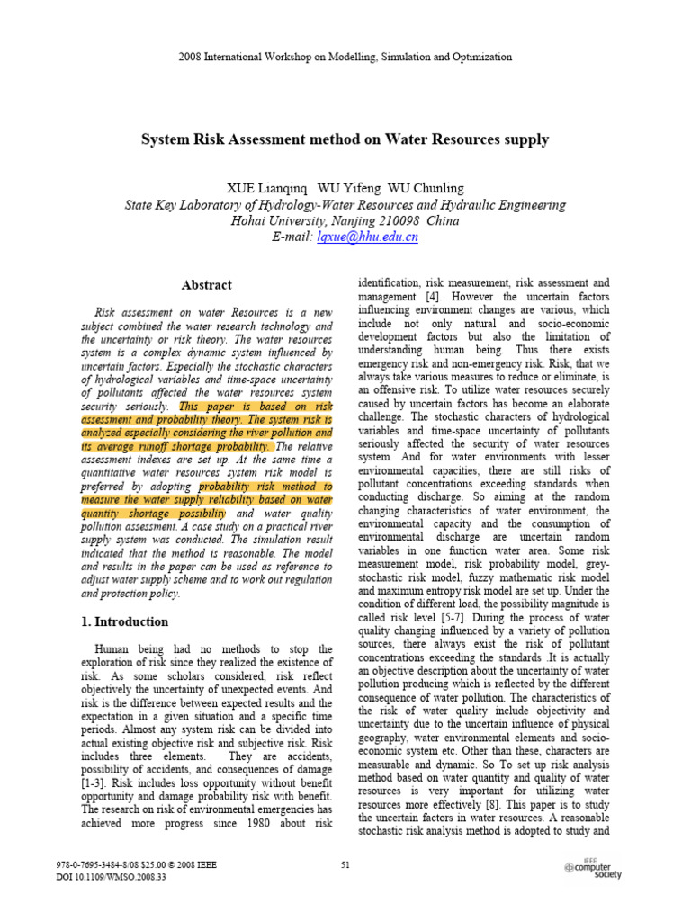 System Risk Assessment method on Water Resources supply | PDF | Risk ...