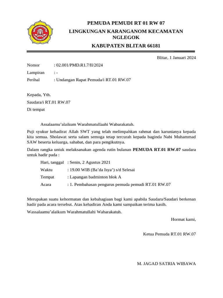 Undangan Rapat Pemuda RT.01 RW.07 | PDF