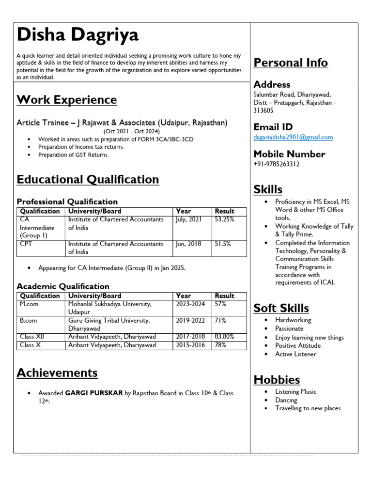 Disha Dagriya Resume | PDF | Cognition | Behavior Modification