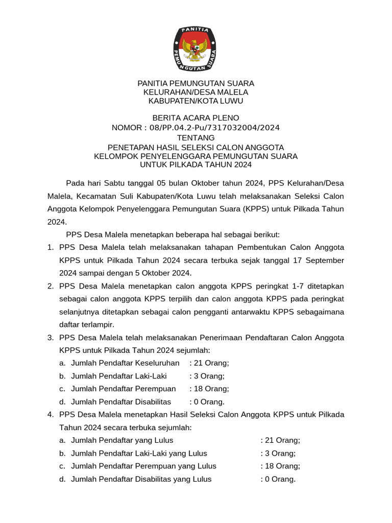 0 Berita Acara PPS Penetapan Hasil Seleksi KPPS | PDF