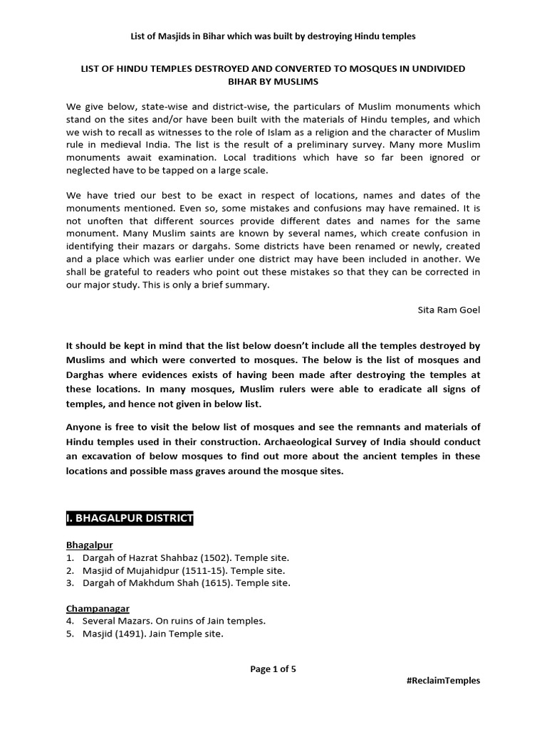 Mosques Built on Destroyed Temples in Bihar | PDF | Temple