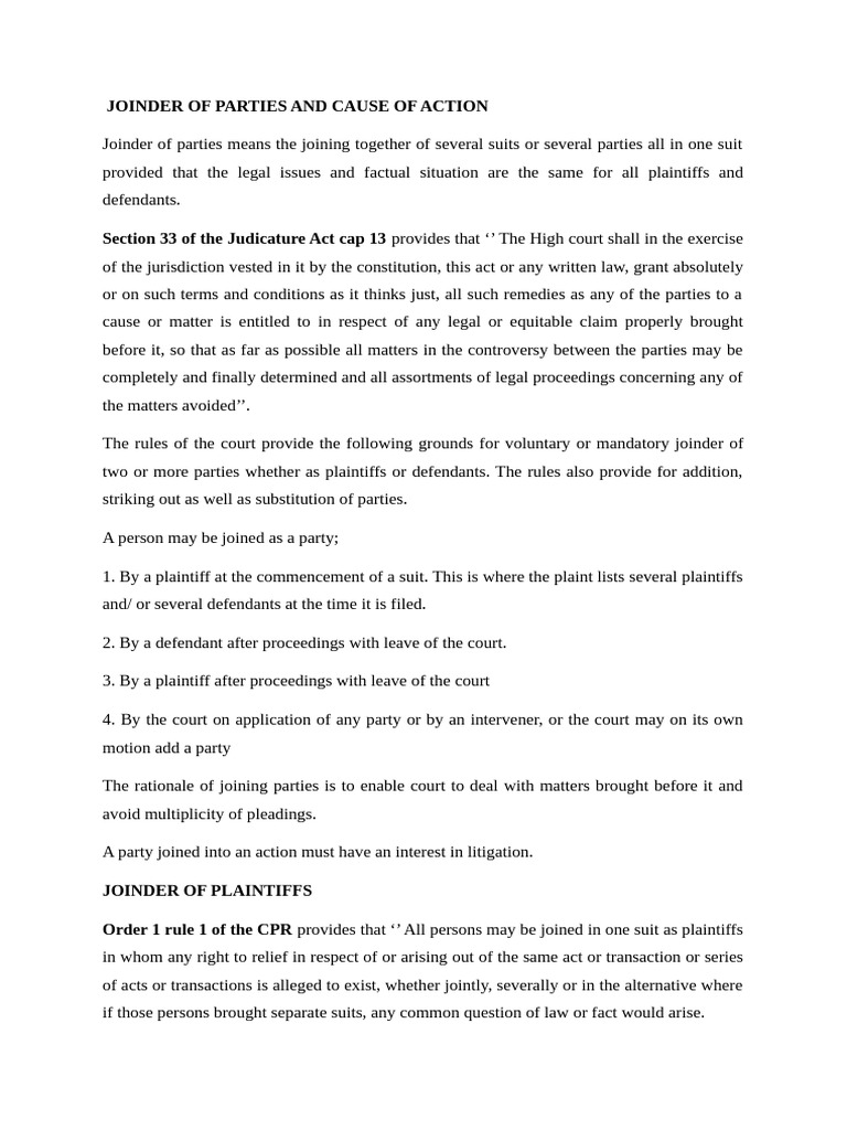 JOINDER OF PARTIES AND CAUSE OF ACTION (AutoRecovered) | PDF | Lawsuit ...