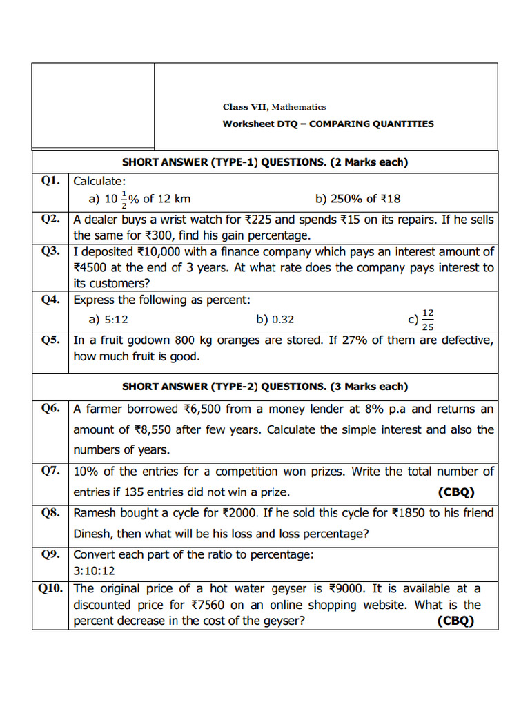 Class 7 Maths Worksheet Chapter 6 | PDF