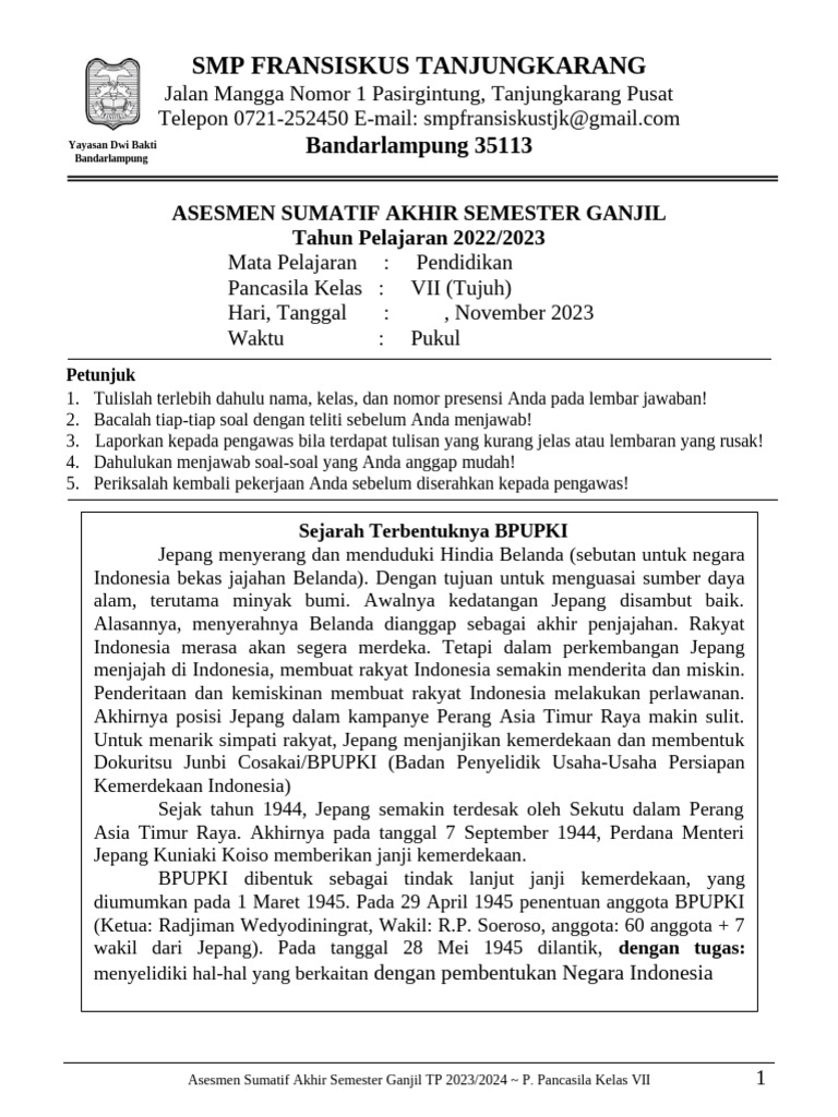 SOAL ASAS PKN 7 Sem Ganjil 23-24 AnnaOke | PDF
