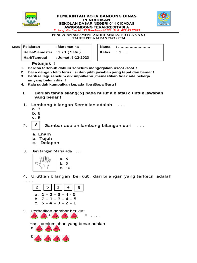 Soa ASAS Matematika Semester 1 Kurdeka 2023 Kls 1 | PDF