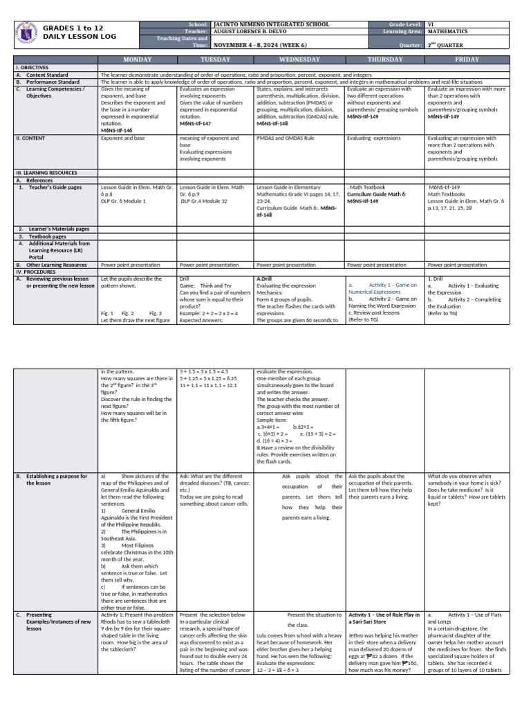 Grade 6 Math Lesson Plan: Exponents | PDF | Exponentiation | Multiplication