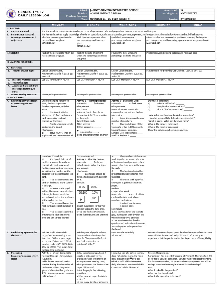 DLL Mathematics 6 q2 w4 | PDF | Percentage | Learning