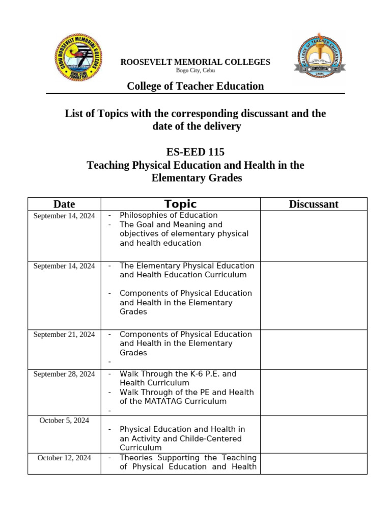 List of Topics With Discussants ES EED 115 | PDF | Physical Education ...