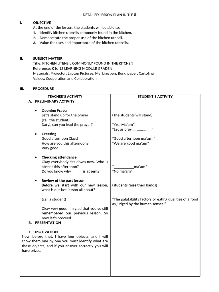 Detailed Lesson Plan in Tle 8 | PDF | Cognition | Behavior Modification