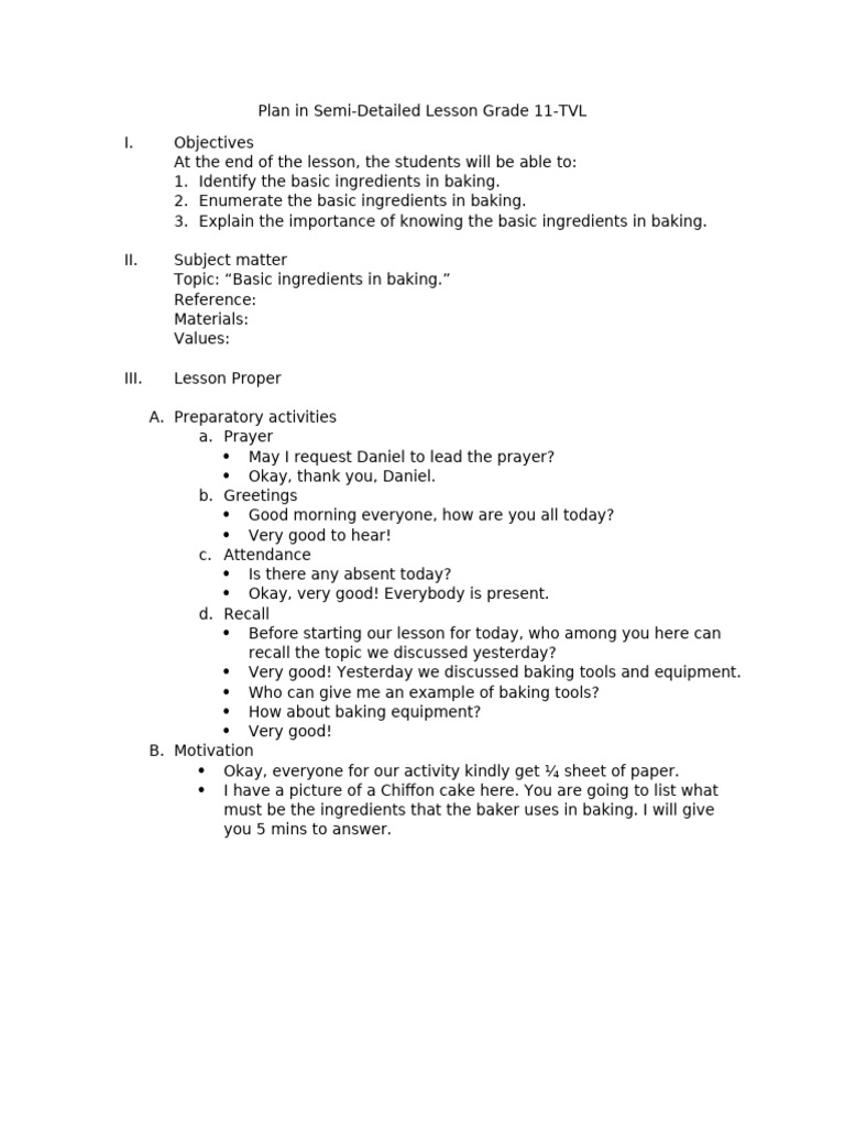 Grade 11 Baking Ingredients Lesson Plan | PDF