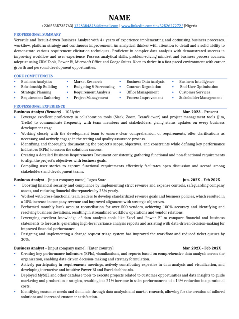 Business Analyst CV Template | PDF | Data Analysis | Project Management