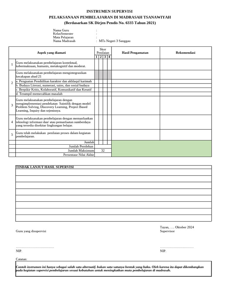 Format Instrumen Supervisi Pelaksanaan Pembelajaran-No.6335 Th. 2021 ...
