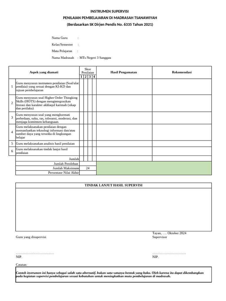 Format Instrumen Supervisi Penilaian Pembelajaran-No.6335 Th. 2021-MTs ...