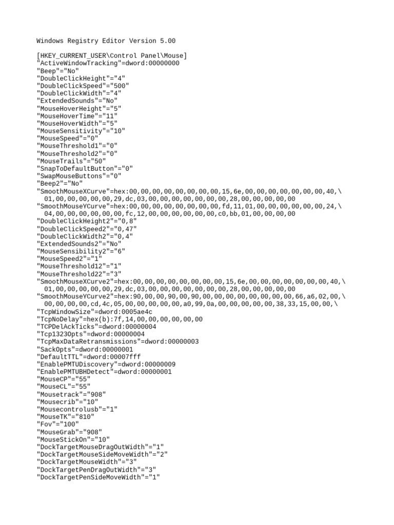 Registry Settings for Mouse Configuration | PDF