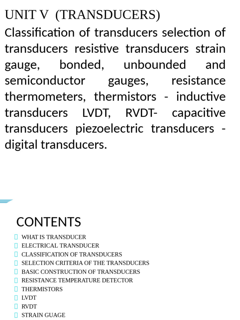 M&i - Unit 5 - Transducers | PDF | Electrical Resistance And Conductance | Thermocouple