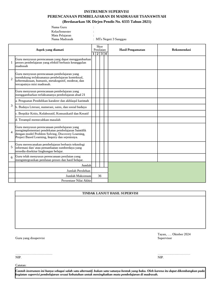 Format Instrumen Supervisi Perencanaan Pembelajaran-No.6335 Th. 2021 ...
