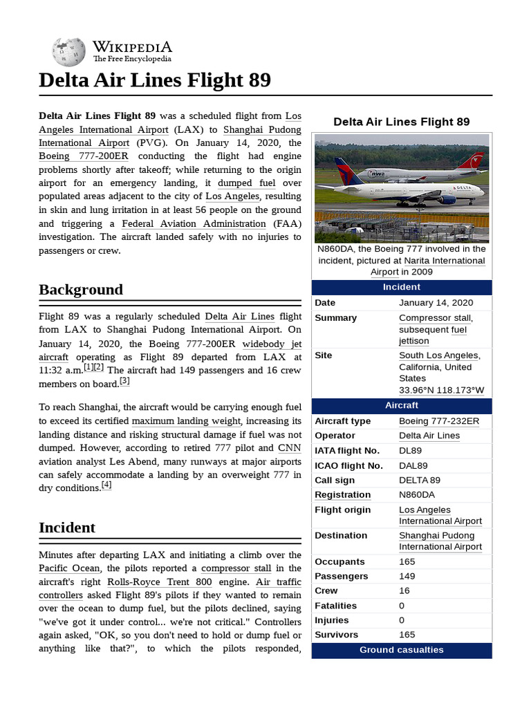 Delta Flight 89 Fuel Dump Incident | PDF | Aviation Accidents And ...