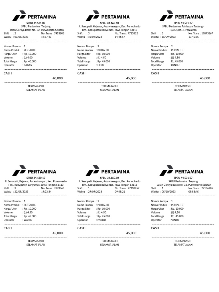 Nota Transaksi SPBU Pertamina 2023 | PDF